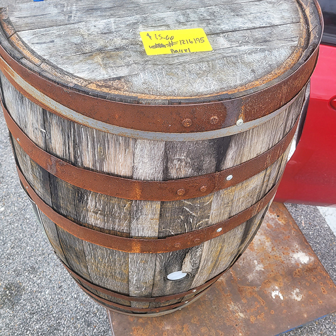A rustic barrel waits patiently to become someone's side table, planter, or quirky conversation piece at home.