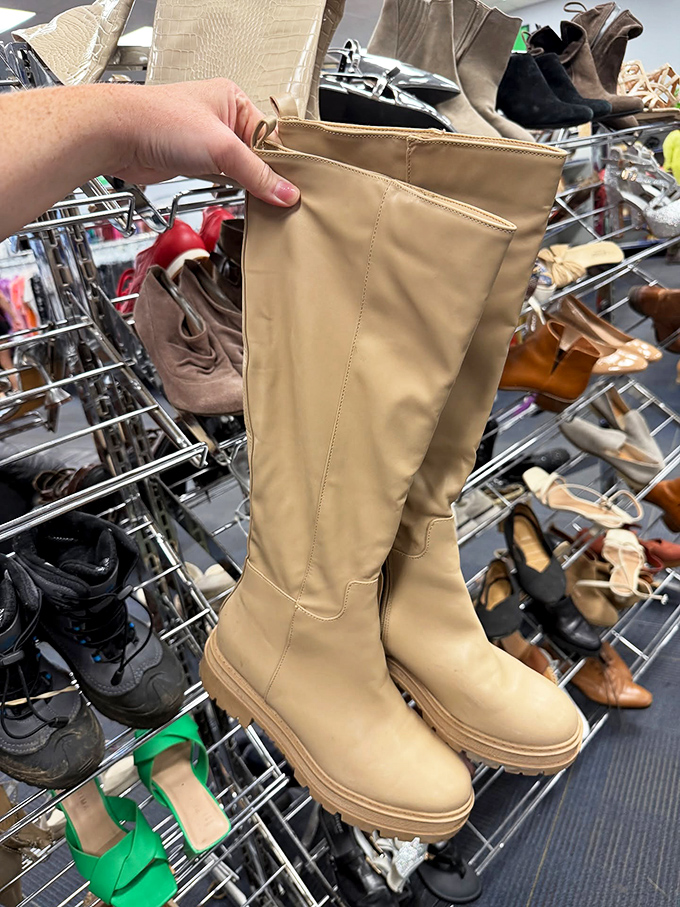 These pristine beige boots didn't walk into the store by themselves, but they're certainly ready to walk out with a savvy shopper who recognizes quality when they see it.