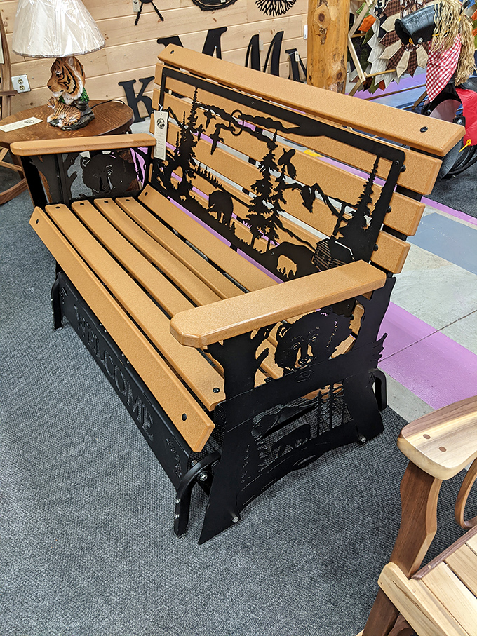 Not just a bench &ndash; it's wildlife theater for your porch! Silhouetted bears and trees tell stories while you sip your morning coffee. 