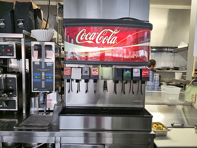 The soda fountain stands ready for service&mdash;because sometimes coffee alone can't handle the job of washing down that perfect breakfast.