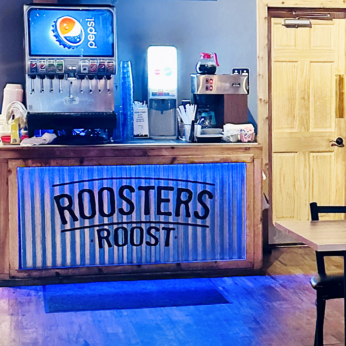 Even the beverage station gets the Roosters Roost treatment &ndash; clean, branded, and ready to quench your thirst after tackling that legendary Italian hoagie.