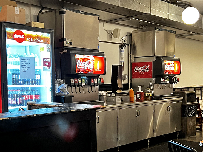 The beverage station stands ready for thirsty customers. Because tackling a proper cheesesteak requires proper hydration.