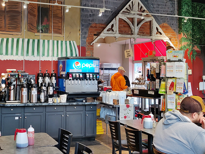 The beverage station at Mamie's isn't just about drinks&mdash;it's liquid happiness headquarters where coffee transforms grumpy mornings into bearable afternoons.