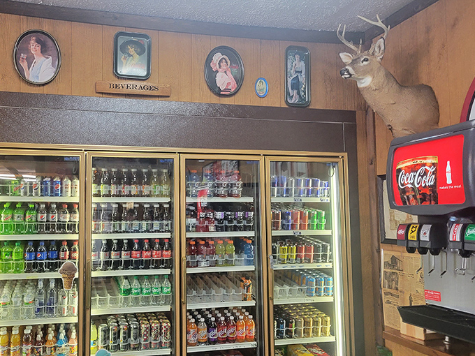 The beverage cooler&mdash;where thirst goes to surrender. That vintage Coca-Cola sign has been tempting customers since before smartphones existed.