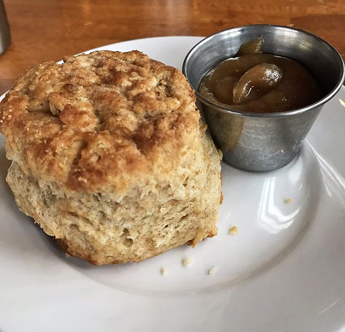 This isn't just a biscuit &ndash; it's a buttery, flaky monument to the art of baking, accompanied by apple butter that tastes like fall memories.