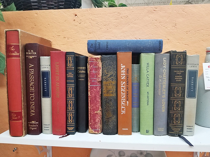 Literary treasures stand at attention&mdash;Steinbeck rubbing spines with Sinclair Lewis like old friends at a high school reunion.