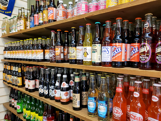 A rainbow of glass bottles promising fizzy nostalgia&mdash;sodas from another era when "pop" meant something you drank, not heard.