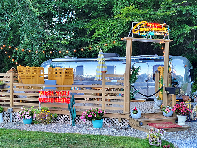 Wish you were here indeed! The vintage Airstream offers overnight accommodations for those who find one movie night just isn't enough.