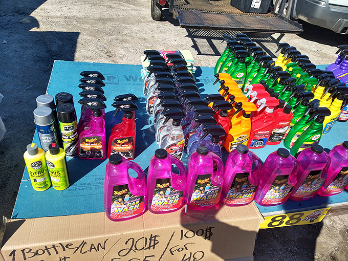 Car detailing supplies lined up like soldiers &ndash; proof that even the most practical purchases can be found amid the market's treasures.