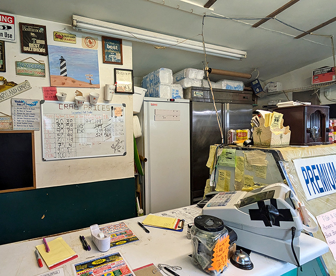 Behind the counter, where seafood magic happens. Lighthouse artwork and whiteboard prices remind you this is authentic coastal dining.