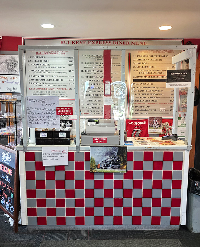 The ordering counter's red and gray checkerboard pattern announces you're in Buckeye territory before you've even glanced at the menu.