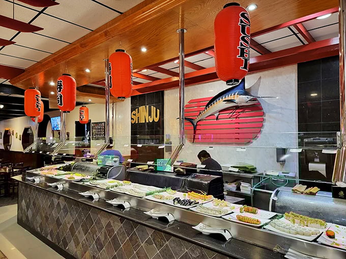 The buffet line stretches like a runway of culinary possibilities. Those red lanterns aren't just decoration&mdash;they're guiding lights to flavor town.