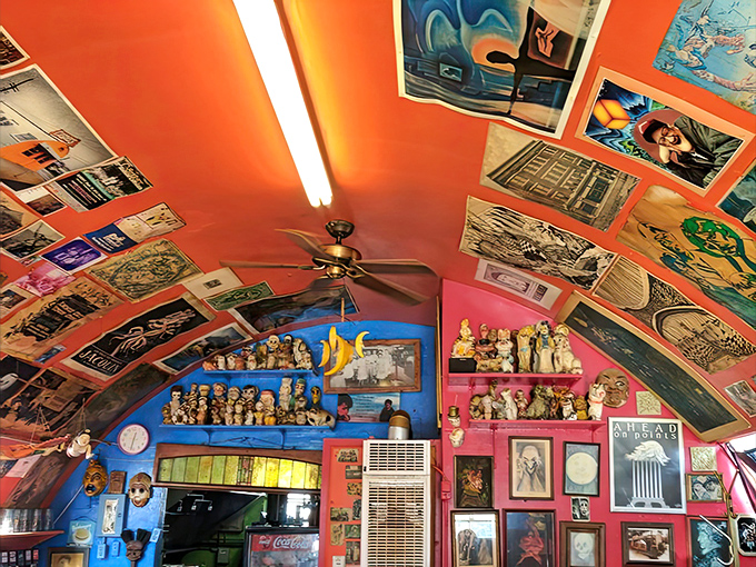 Those ceiling decorations are watching you eat, but somehow it feels more protective than creepy.