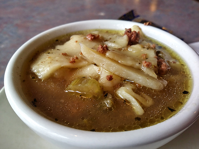 Chicken and dumplings soup that warms the soul on chilly Pennsylvania mornings. Those tender dumplings float in broth that's been simmering with purpose.