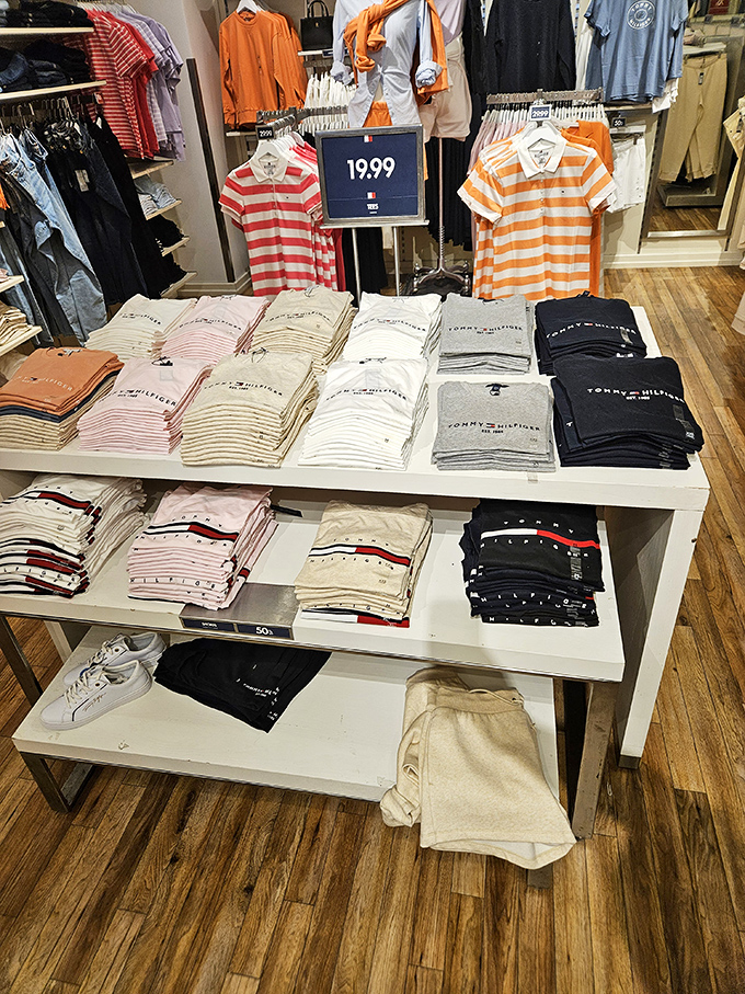 Tommy Hilfiger's display showcases the brand's signature preppy aesthetic&mdash;where nautical stripes and bold colors promise to upgrade your wardrobe without downgrading your bank account.