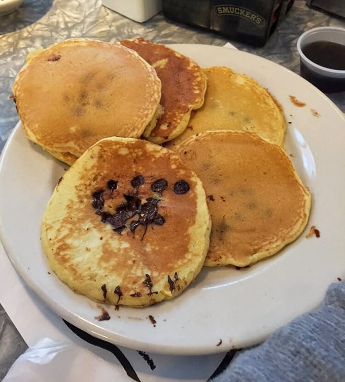 Pancakes with personality &ndash; golden, fluffy, and studded with chocolate chips like edible polka dots. Stack 'em up and dive in!