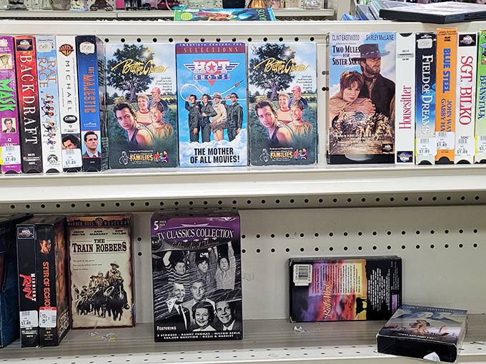 The VHS section&mdash;a nostalgic time warp where "Top Gun" and "Casablanca" sit side by side like old friends.