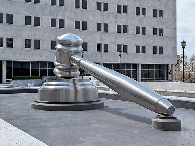 Sleek lines and polished surfaces make this sculpture a modernist dream. From this angle, you can appreciate the artist's attention to detail.