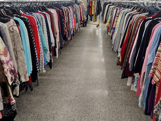 Clothing corridors stretch like a textile Grand Canyon. The thrill of the hunt is palpable as you scan for hidden designer gems among the everyday offerings.
