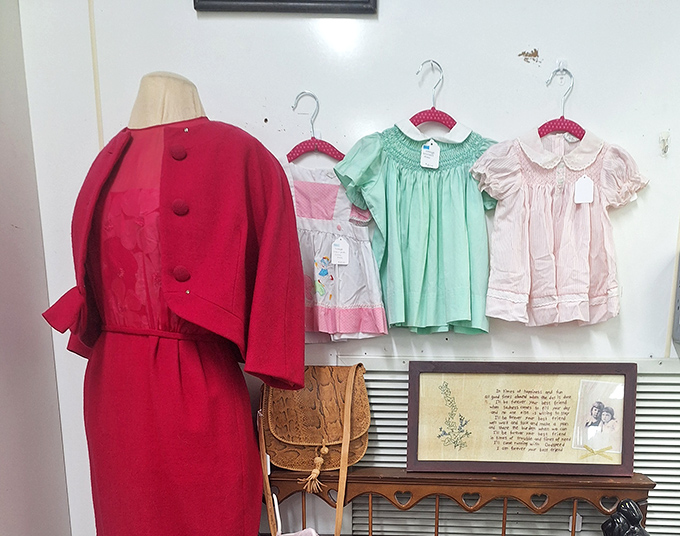 Fashion history hangs preserved—that red dress once turned heads at holiday parties where Sinatra played on the hi-fi.