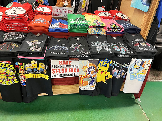 Florida fashion central, where vacation shirts meet rhinestone designs in a rainbow explosion that screams "I'm not from around here" in the best way possible.