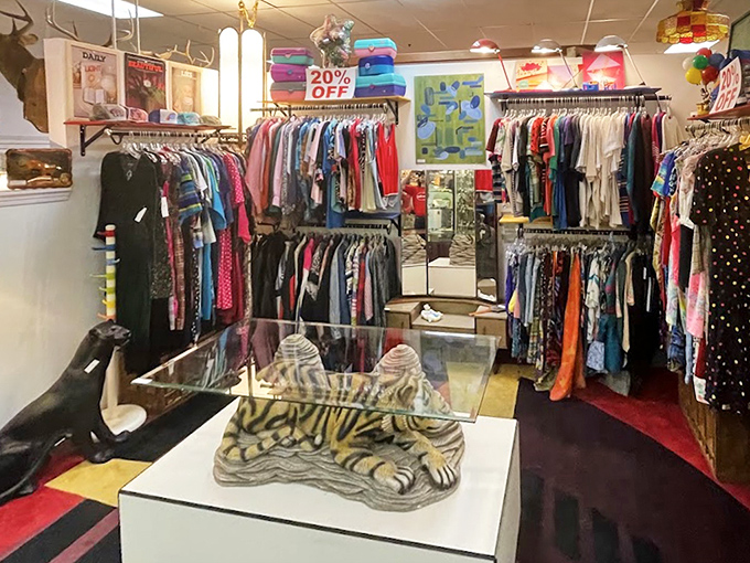 Vintage clothing department where polyester gets the respect it deserves. That tiger coffee table has witnessed some serious living room dance parties.