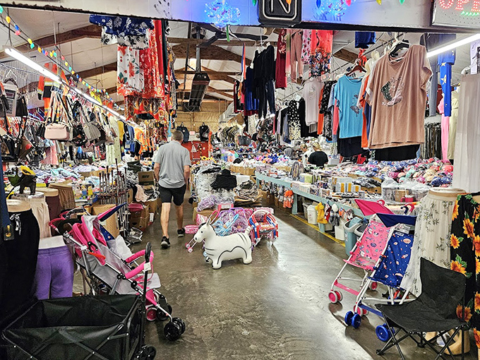 A shopper navigates the clothing jungle, where garments hang like colorful vines and treasures hide among the racks of fashion history.