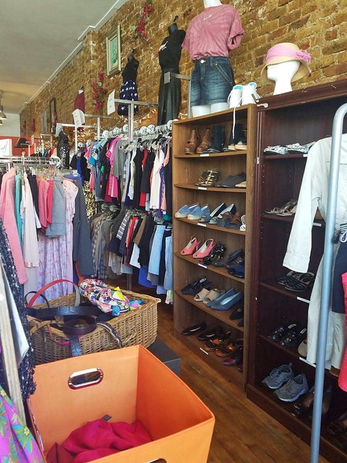 Fashion archaeology at its finest. Each rack tells a different style story, with shoes lined up like artifacts from decades past.