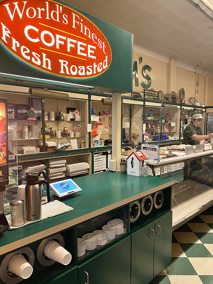 Where liquid gold meets solid gold. That "World's Finest Coffee" sign isn't just decoration&mdash;it's a promise that pairs perfectly with dough.