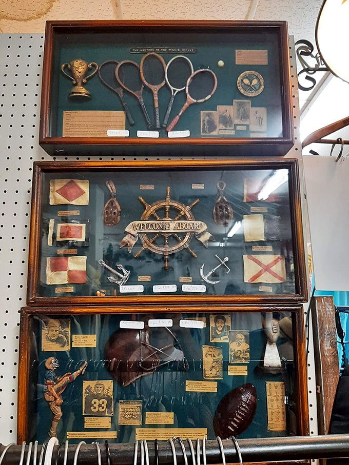 From tennis rackets to nautical treasures, these shadow boxes tell stories of adventures past—like Instagram for previous generations, but actually touchable.