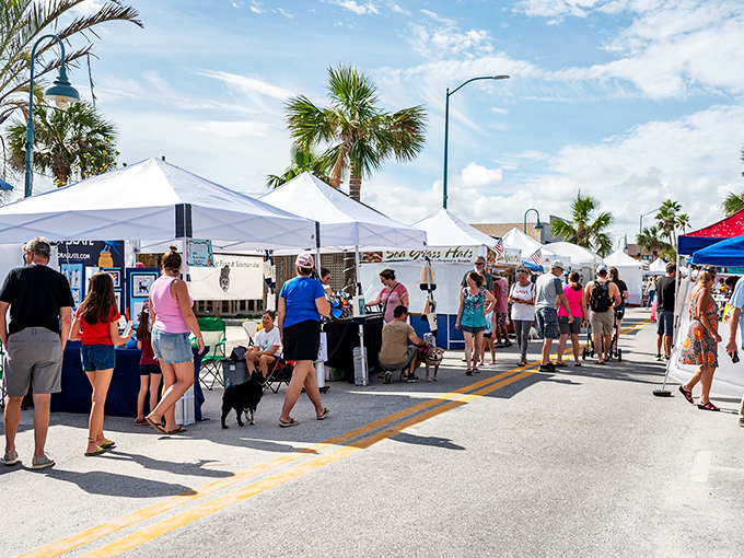 The farmers market transforms ordinary streets into a community gathering spot where dogs receive as many greetings as their owners.