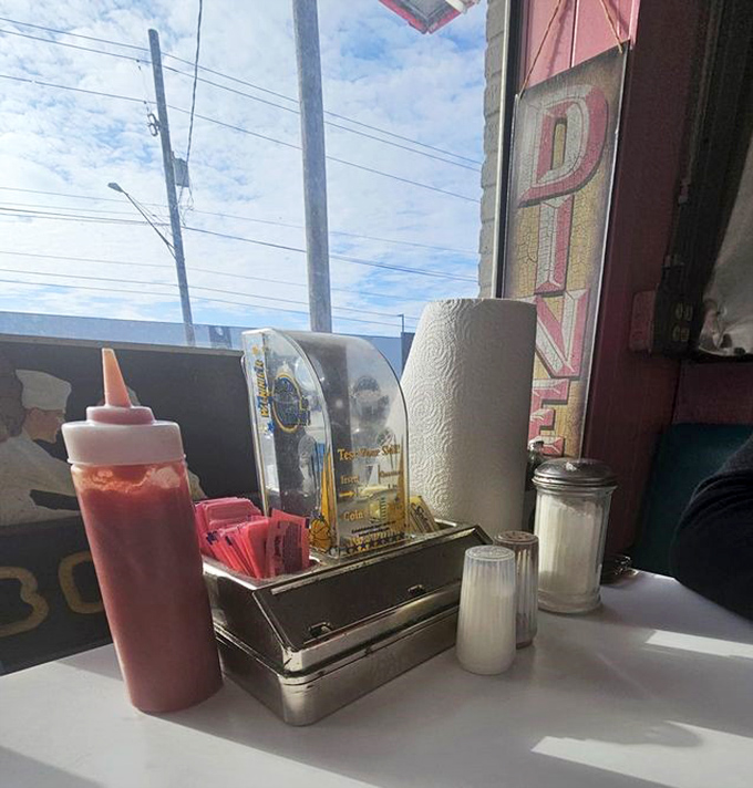 Table essentials arranged with diner precision&mdash;ketchup, sugar, and napkin dispenser forming the holy trinity of American dining accessories in perfect morning light.