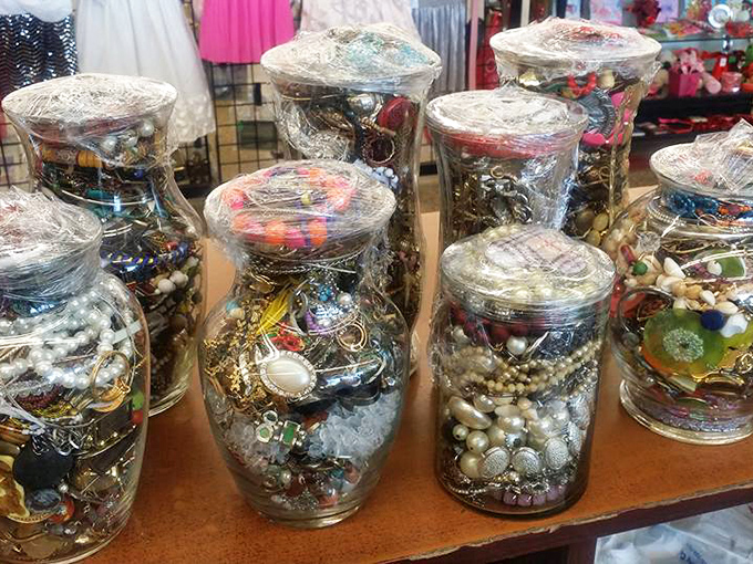 Jewelry jars&mdash;modern-day treasure chests where someone's discarded costume pieces become your statement accessories for less than a latte.