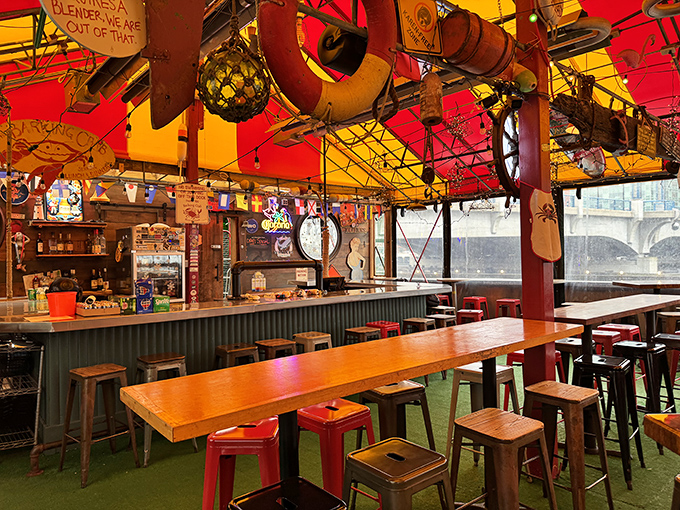 The bar area showcases an impressive collection of nautical knickknacks that give this place its wonderfully quirky waterfront personality.