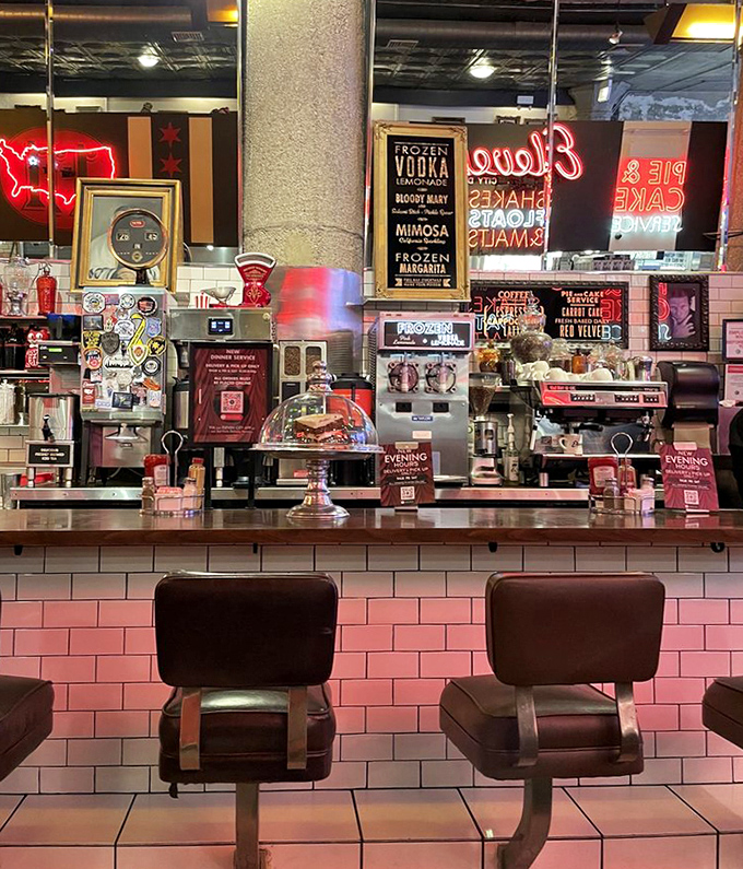 The counter view: where diner dreams come true. Those stools aren't just seats&mdash;they're front-row tickets to culinary theater.