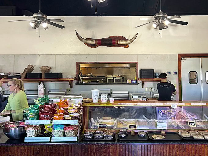 The serving line where dreams come true and diets go to die. That longhorn on the wall has seen some serious food joy.