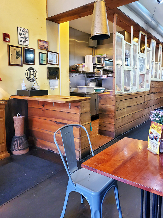 The counter area combines rustic wood with industrial elements, creating a space that's both functional and full of character.