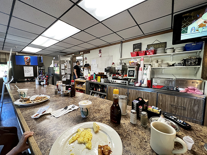 Where breakfast dreams come true. The counter view offers front-row seats to the short-order symphony that plays daily.