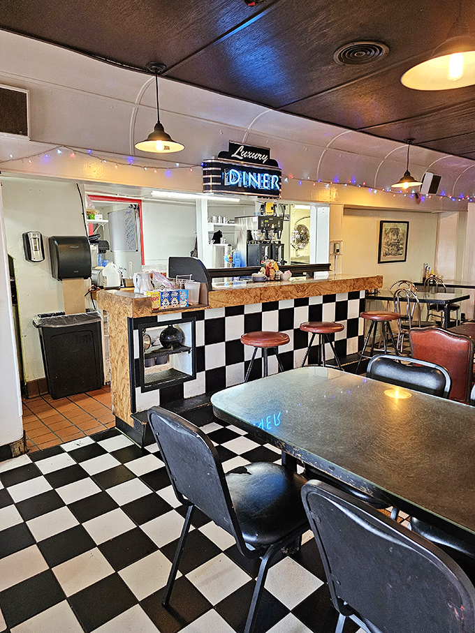 Classic black and white checkerboard floors announce you've entered the diner dimension. Where calories don't count and coffee is always brewing.