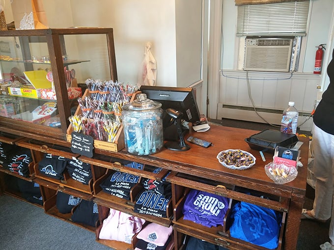 The counter area doubles as a museum of diner memorabilia and candy jar temptations. Resistance is futile, especially near the register.