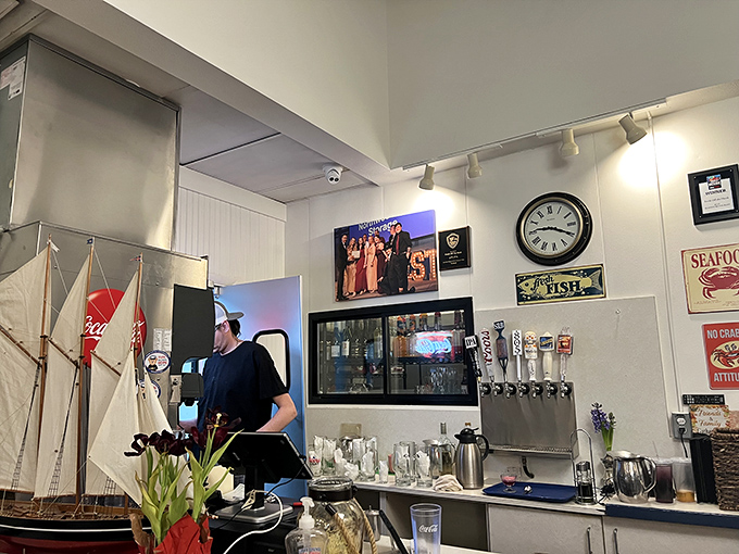 The counter area where orders happen and dreams of clam chowder begin &ndash; notice the nautical touches everywhere.