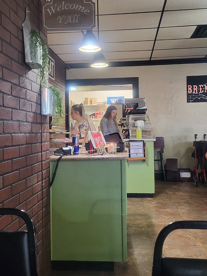 The heart of operations&mdash;where orders are called, coffee is poured, and the "Welcome Y'all" sign isn't just decoration, it's a genuine promise.