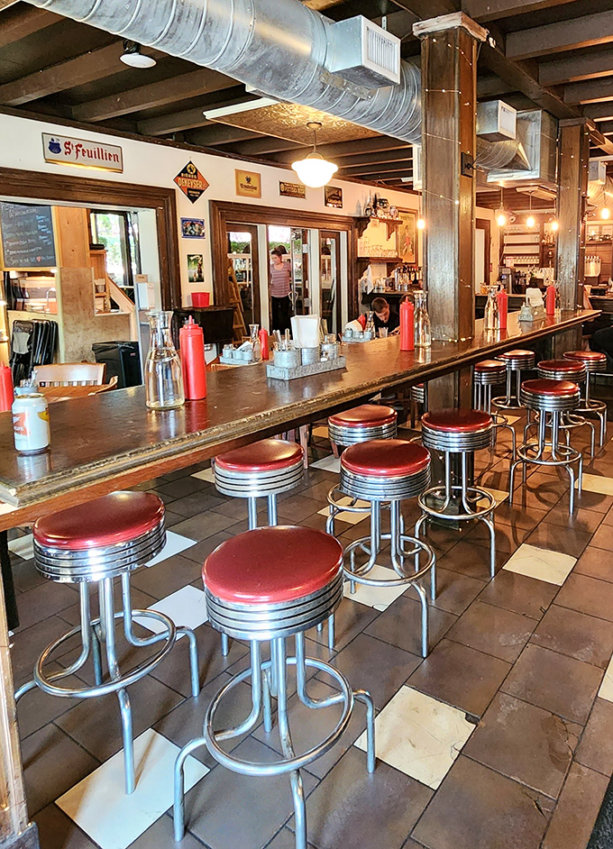 Classic diner stools line the counter, inviting solo diners to perch and ponder life's important questions&mdash;like "burger or bratwurst?"