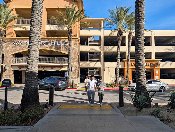 Palm-lined walkways welcome shoppers to retail paradise, where the only thing more impressive than the discounts is the California landscape.