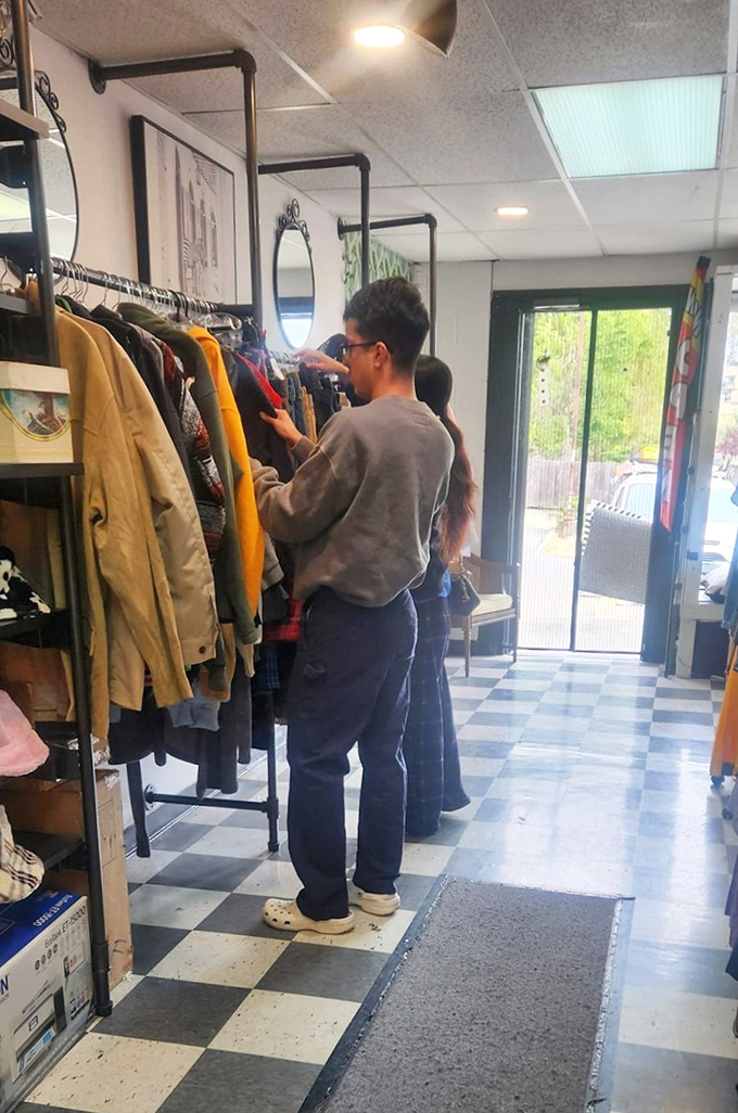 The serious business of thrifting requires concentration. This shopper knows the best finds require a methodical approach.