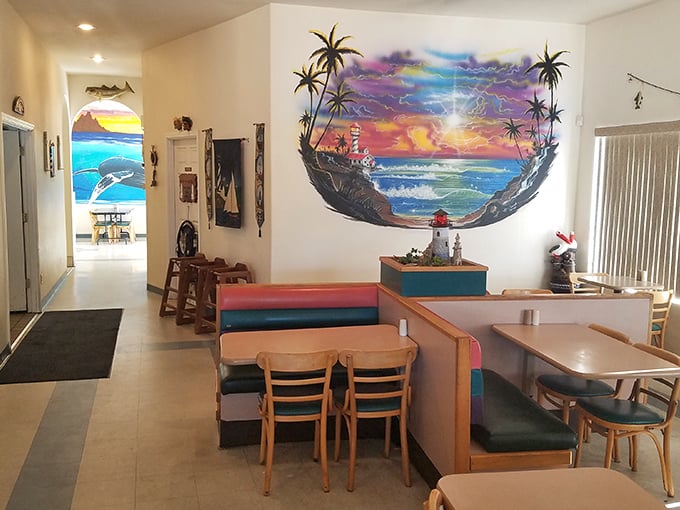 Booth seating and that spectacular mural create the perfect backdrop for seafood feasting. Coastal vibes in landlocked Redding&mdash;who would've thought?