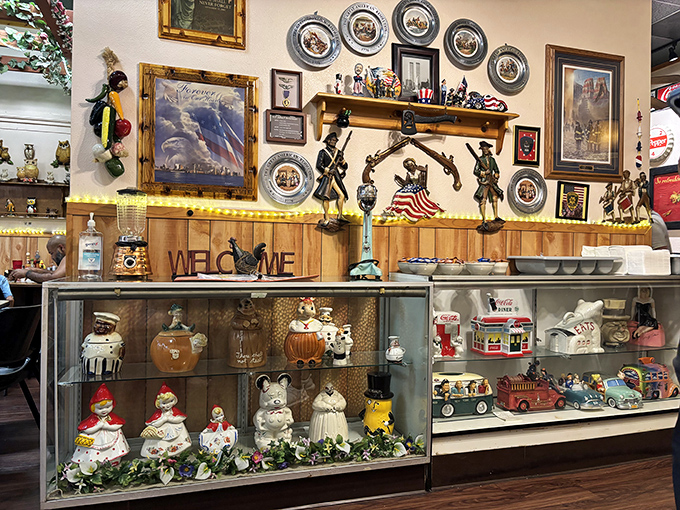 The display case of collectibles tells you this isn't corporate dining &ndash; it's a personal space where breakfast is taken seriously.