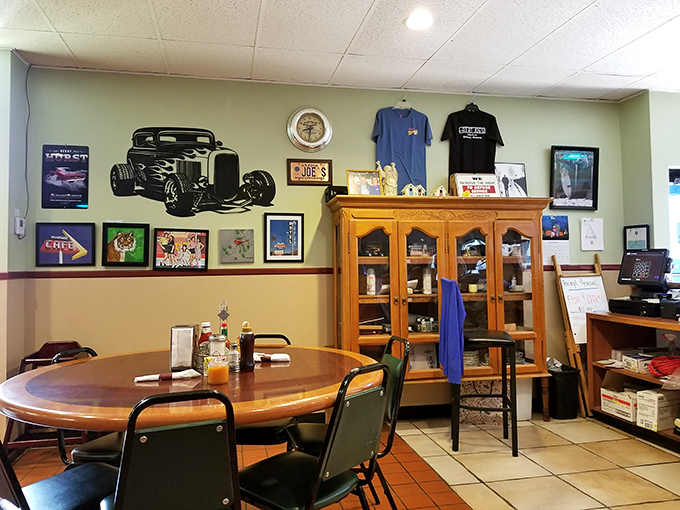 Wall art that doesn't try too hard&mdash;vintage cars, local memorabilia, and the subtle promise that this place knows exactly what it is.
