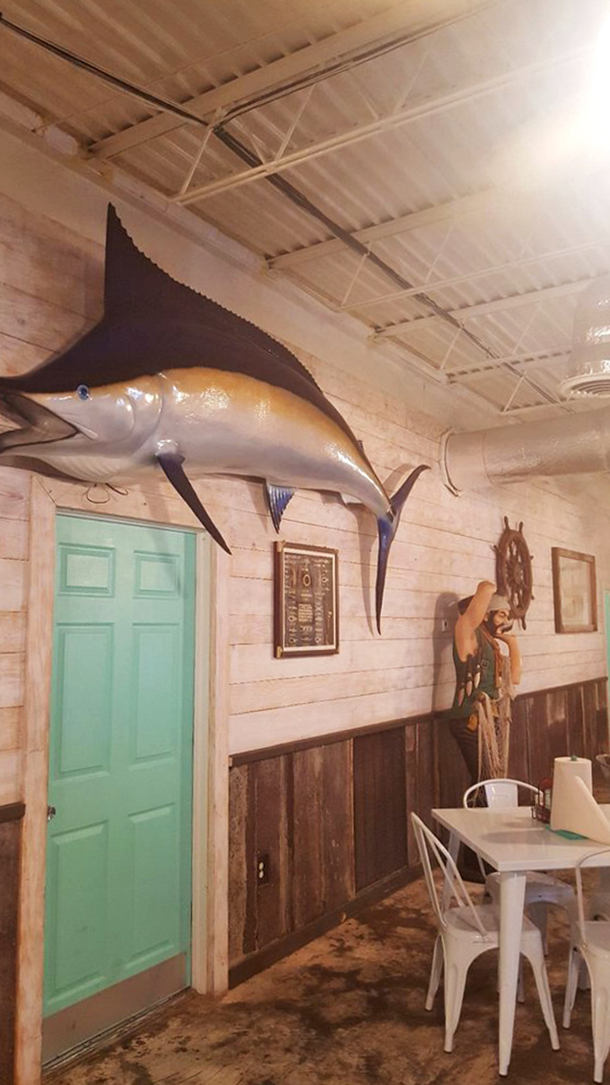 That mounted marlin watches over diners like a guardian of seafood authenticity—silently judging anyone who orders well-done fish.