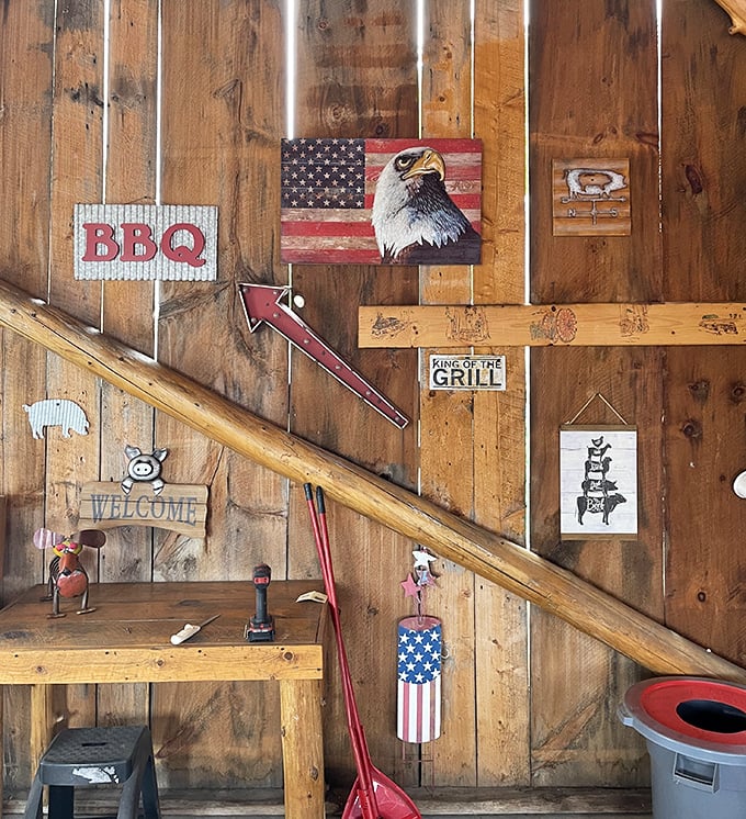 Patriotic pit masters know barbecue is America's true melting pot. This wall of wooden Americana celebrates our national obsession with smoke.